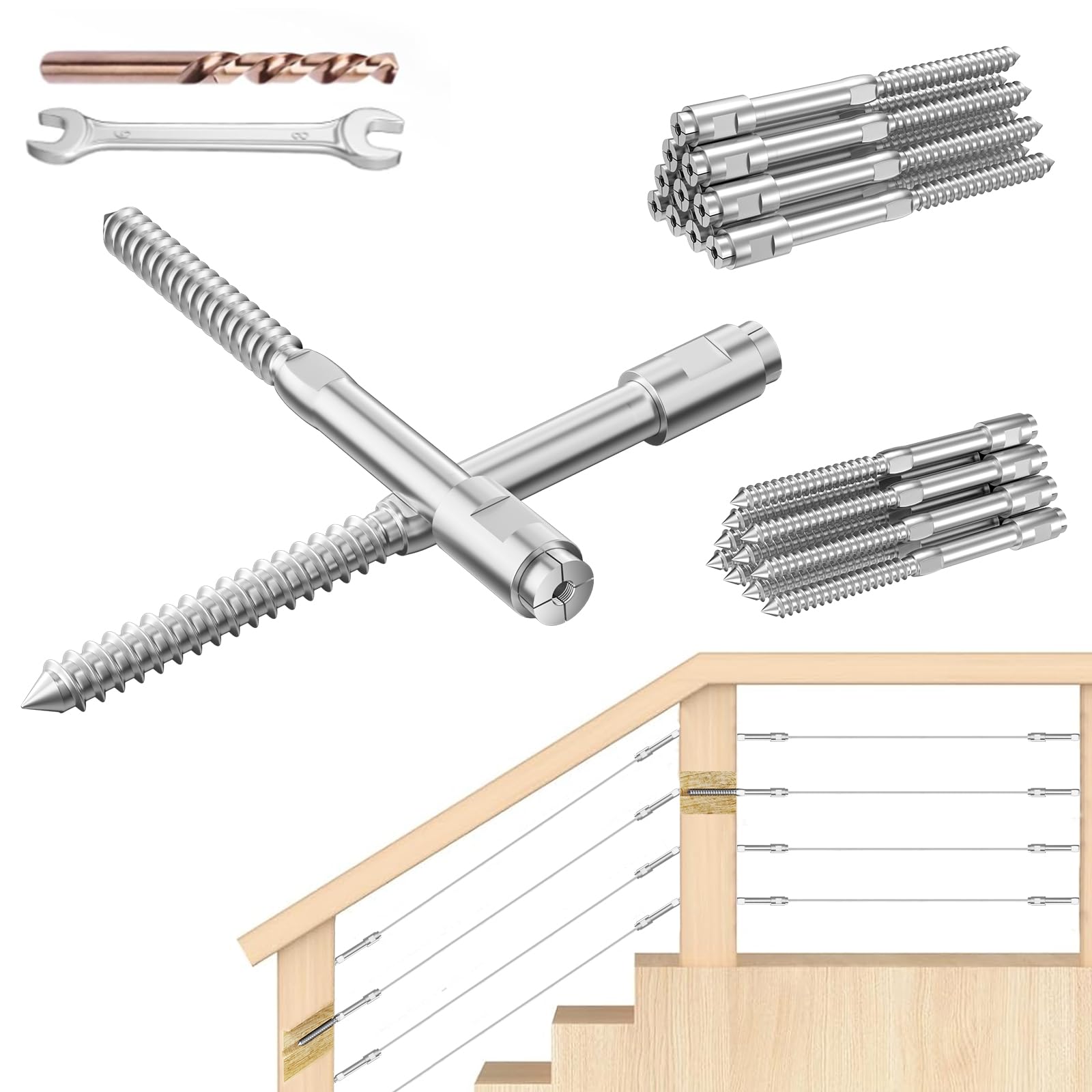CKE 1/8" Cable Railing Swageless Lag Screws Tensioner For Wood Posts,