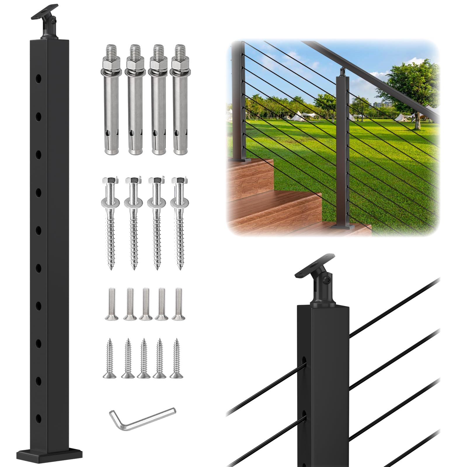 CKE 36"x2"x2" Black Stair Cable Railing Post AP01
