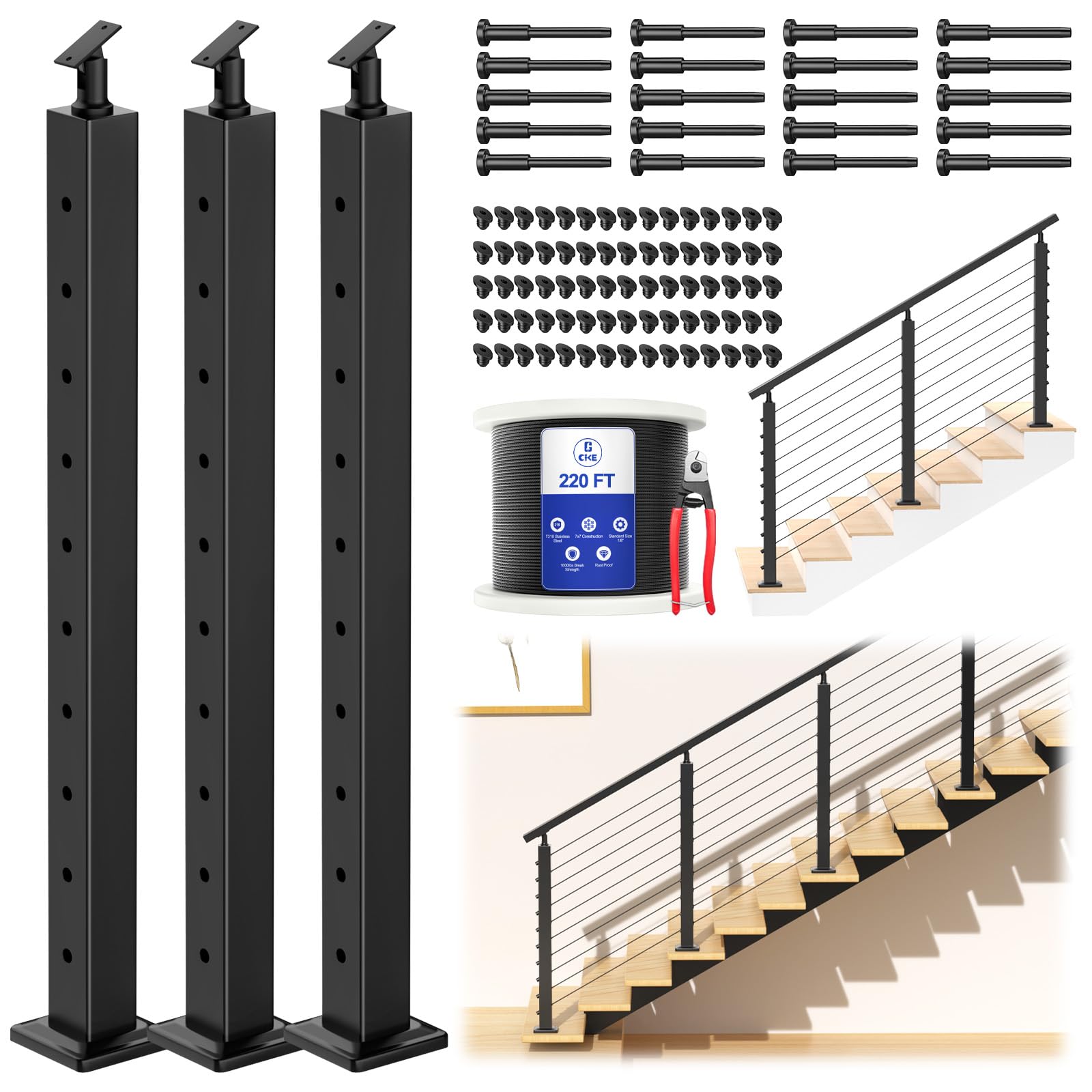 CKE 10-15ft Complete Set 36" Stair Cable Railing Post Kit (35"x2"x2")