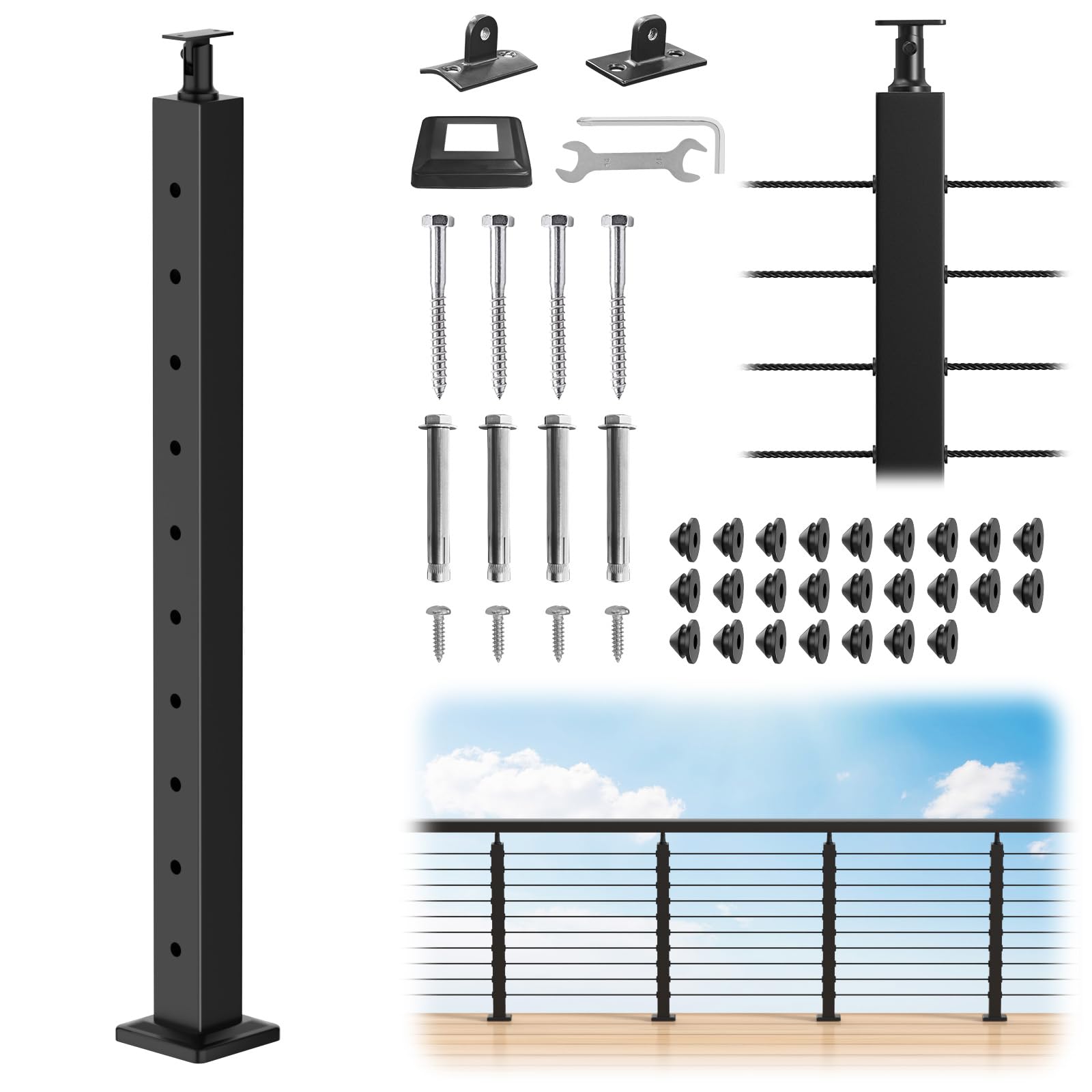 CKE 36" Adjustable Top Level Drilled Cable Railing Post(Post 35"x2"x2"