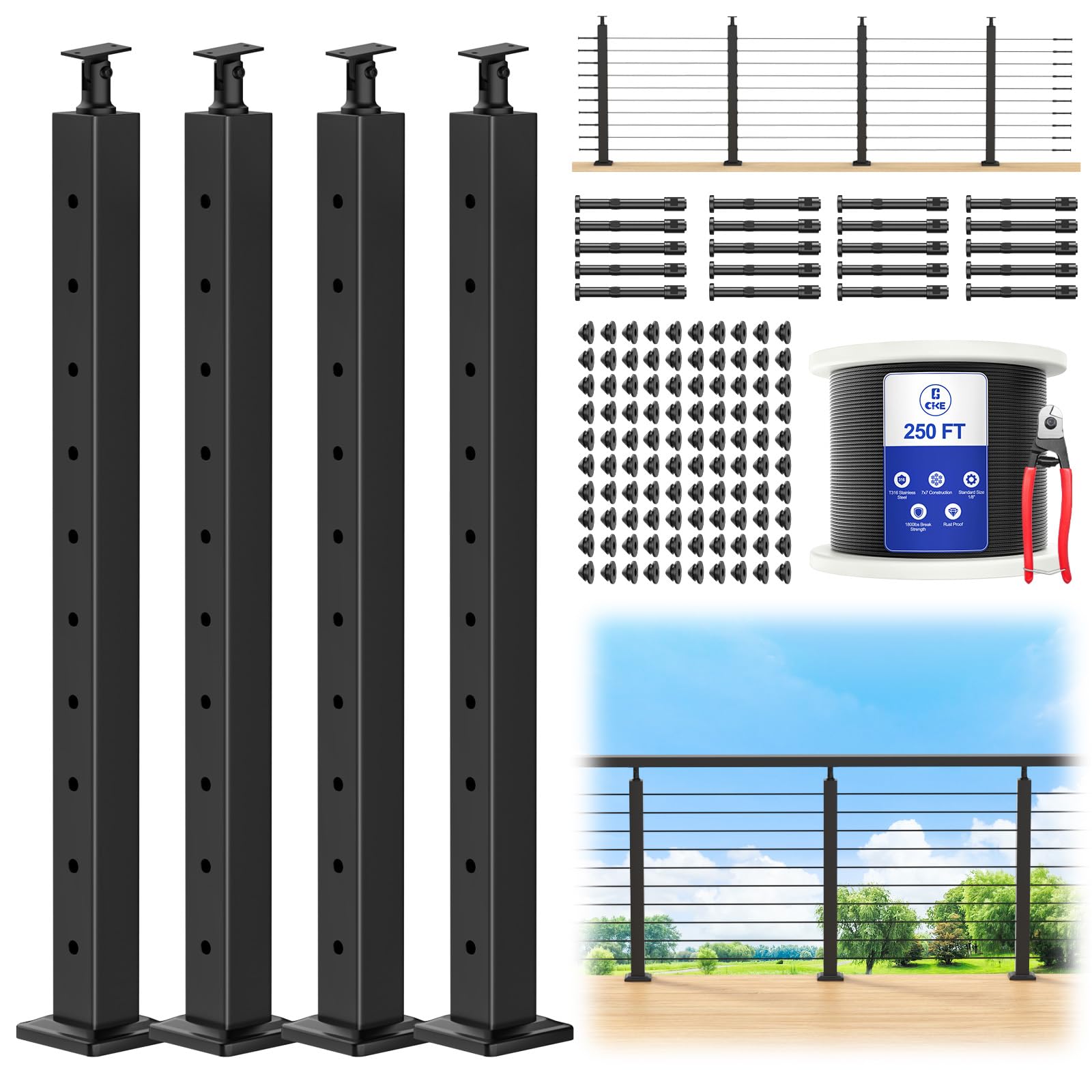 CKE 15-20ft Complete Set 36" Cable Railing Post Kit LPS01